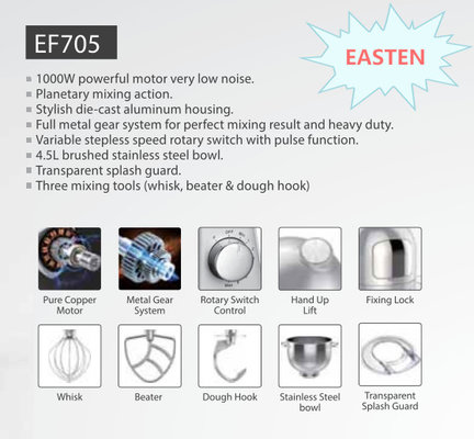 Easten 1000W Stand Mixer EF705 With Salad Maker / 4.5 Liters Die Casting Stand Mixer With Meat Grinder
