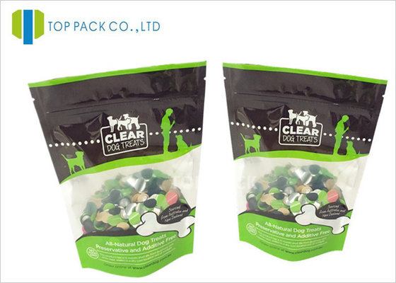 Glossy Finished Pet Food Packaging / foil stand up zip pouch Clear Window