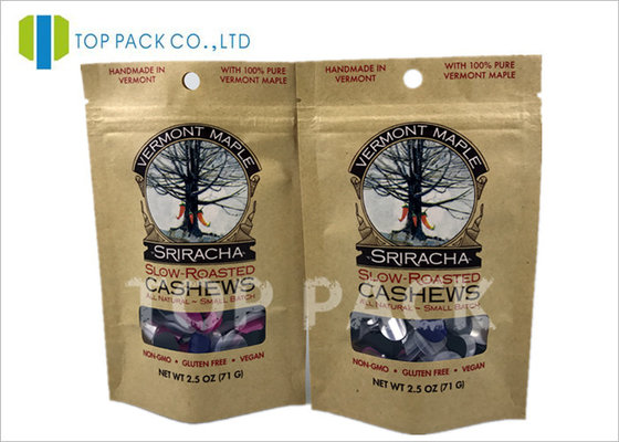 Rectangle Window Barrier Stand Up Kraft Paper Bags Zipper Closure Round Hole