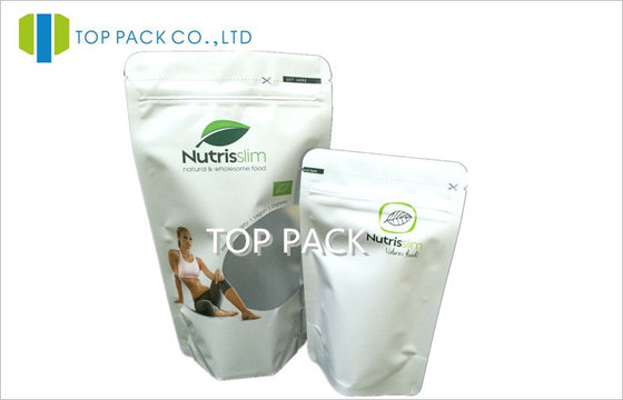 White Foil Stand Up Pouches Matte Finished Natural Slimming Food Tear Notch