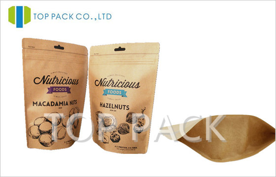 Moisture Proof zipper stand up food pouch , Nuts kraft paper packaging