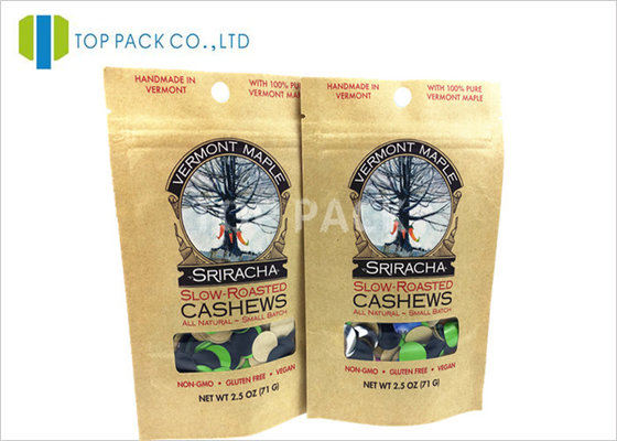 OEM Brown Kraft Paper Stand Up Pouch Packaging Roasted Cashews , Flat bottom