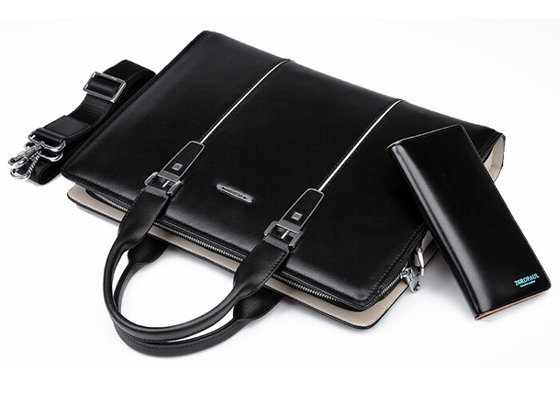 Leather Mens Business Briefcase Satchel Handbag with durable shoulder belt
