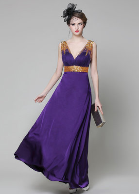 Elegant Purple Ladies V Neck Party Dresses for Birthday / Wedding Party