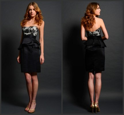 Elegant Satin Strapless Ladies Party Dresses Short with Lace Applique