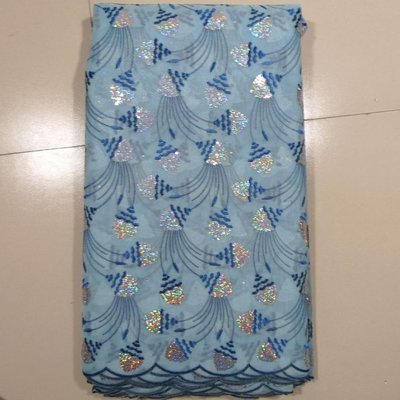 Sky Blue African Embroidery Lace Fabric with stones , Window Curtain