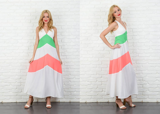 Green Pink Chevron Casual Womens Dresses , Summer Plunging Neckline Long Dress
