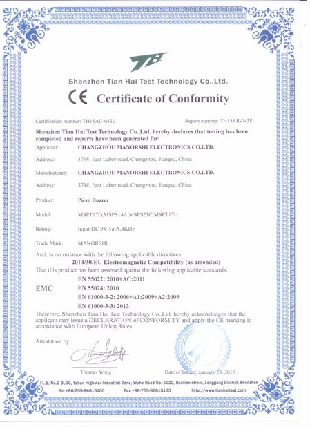 China CHANGZHOU MANORSHI ELECTRONICS CO.LTD. certification