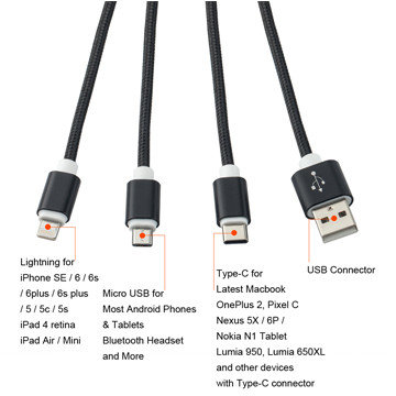 Usb 케이블, 나일론3에서 1 YiwerDer 4FT 금속 번개 마이크로 유형 C는 USB 빠른 위탁 케이블 코드를 땋았습니다