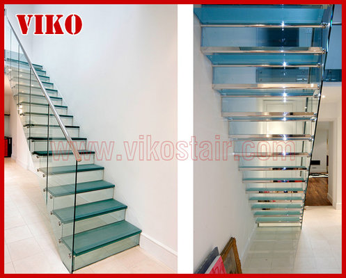 Floating Staircase VK51CTemperedGlass12mm Tread Glass LED Light strip StringerBeechTread StringerStainless Steel Powder