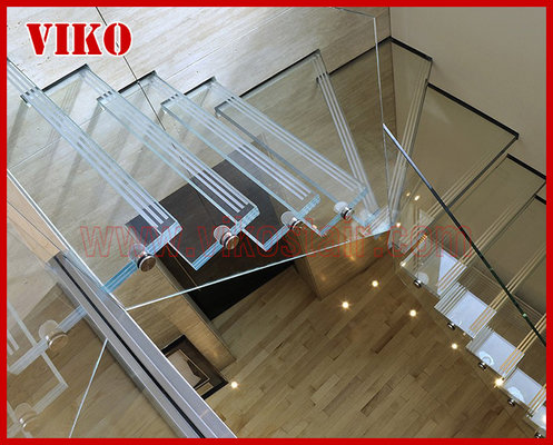 Floating Staircase VK51CTemperedGlass12mm Tread Glass LED Light strip StringerBeechTread StringerStainless Steel Powder