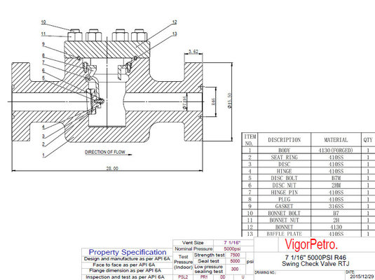 API 6A Swing Type Check Valve, 7-1/16" 5000 PSI, 410 Trim, PSL2/3, DD/EE, U