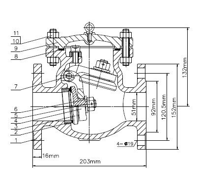 RK360 SWING CHECK VALVE 2'' 150# TO BS1868 FLANGE RF ANSI B16.5 END TO END DIMENSION:203MM