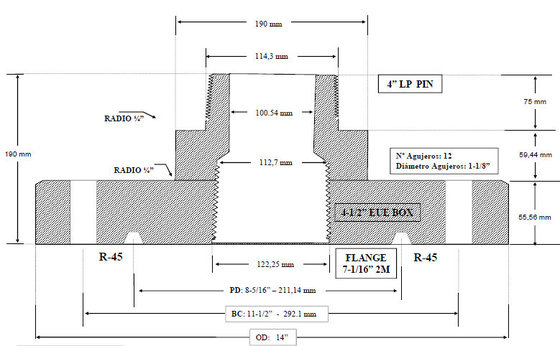 TOP FLANGE 7-1/16" 2M X 4" LP PIN X 4-1/2" EUE BOX API 6A&5CT, R-45, 12 AGUJEROS DE 1-1/8“