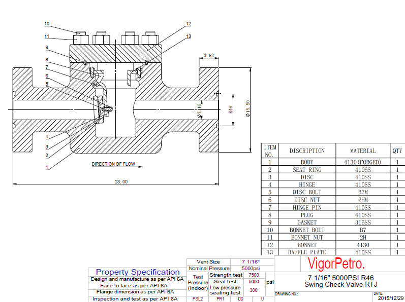 API 6A Swing Type Check Valve, 7-1/16" 5000 PSI, 410 Trim, PSL2/3, DD/EE, U