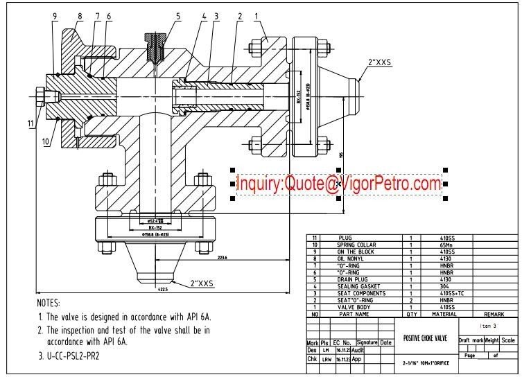 Positive Choke Valve Type Tee, 2-1/16" 10000PSI, PSL2 PR2 U CC API6A, c/w Weld Neck Flg