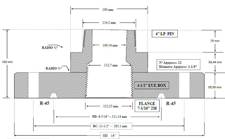 TOP FLANGE 7-1/16" 2M X 4" LP PIN X 4-1/2" EUE BOX API 6A&5CT, R-45, 12 AGUJEROS DE 1-1/8“