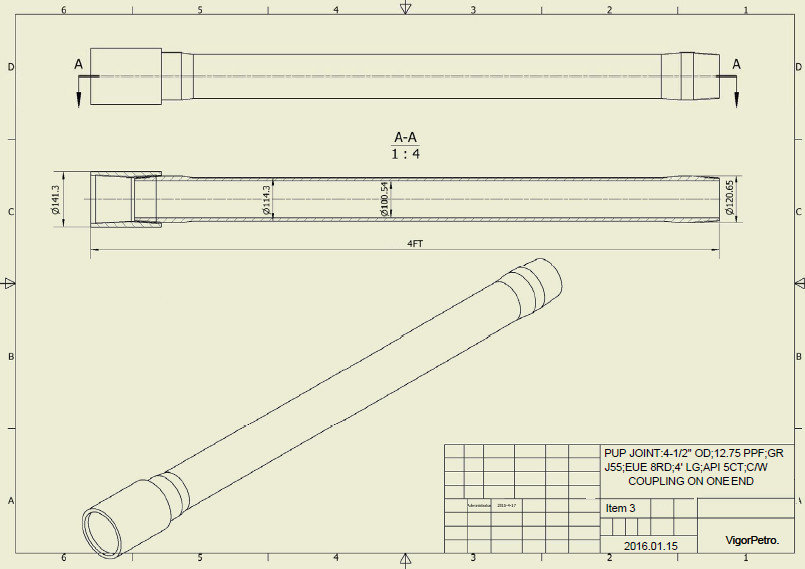 PUP JOINT 4-1/2" OD x 4' LG;12.75 PPF;GR J55;EUE 8RD;API 5CT;WITH COUPLING ONE END