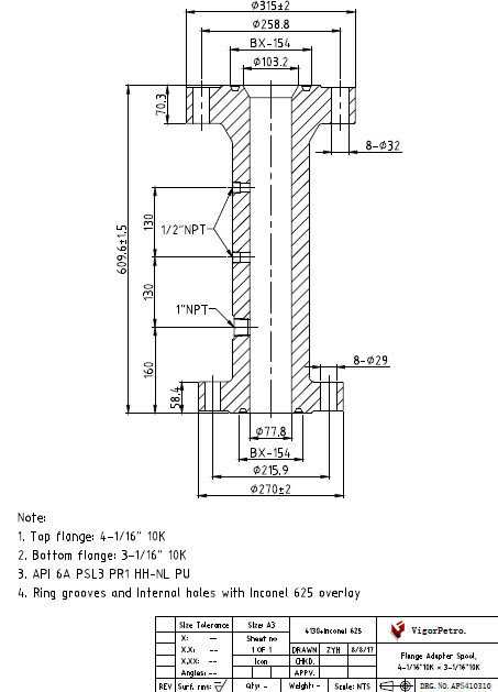 Adapter Spool Flange 4-1/16" 10000PSI X 3-1/16" 10000PSI 2FT Length API6A PSL3 PR1 PU HHNL