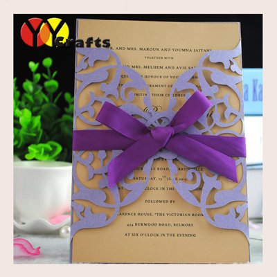 Purple wedding invitation card with ribbon customized reasonable price