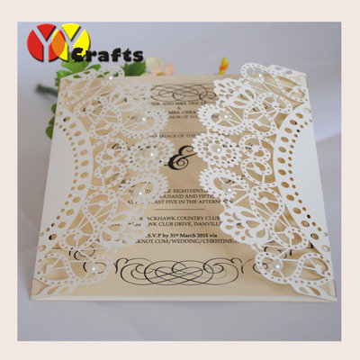 Laser Cut Ivory Wedding Invitation Card with Handmade Decorations of Small Pearls