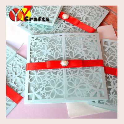 Handmade square europe wedding invitation card sample with ribbon and buckle