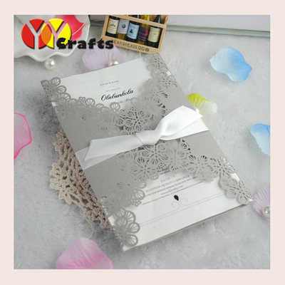 Flower lace nice folded birthday invitation card designs with ribbon and buckle