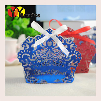 Red And Blue Lace Laser Cut Boxes Favors  , Wedding Candy Box With Free Name Logo