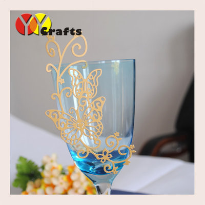 Wedding Laser cut gold butterfly place card on wine glass 250g pearl paper