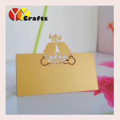 Gold Paper Laser Cut Wedding Place Cards Cute Love Bells , Wedding Table Place Name Cards