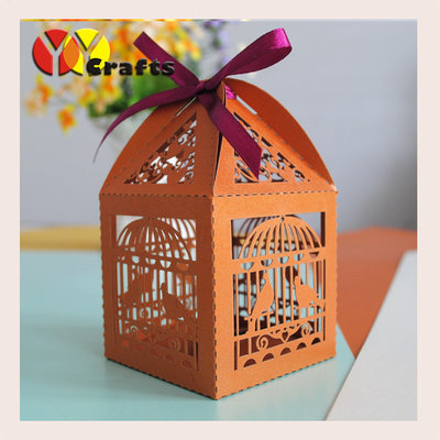Free shipping pearl paper brown color DIY chocolate packaging box laser cut bird cage gift packaging box with ribbon