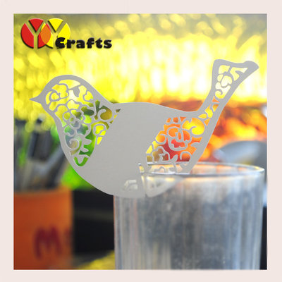 Lace bird on wine glass place cards , Laser Ivory Printable Place Cards