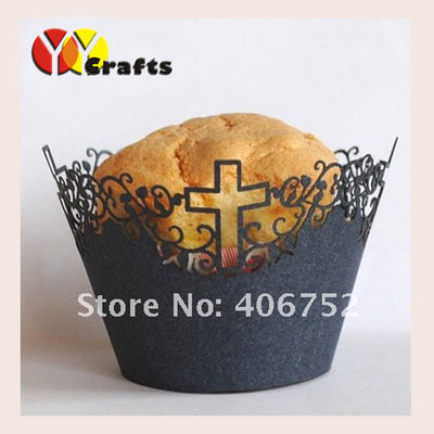 Cross design cupcake wrappers pearl paper laser cut decorative cupcake wrappers for Chirstmas Party favor
