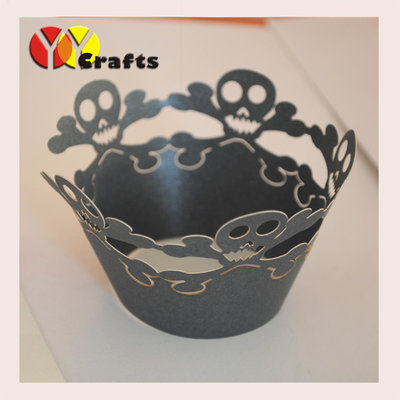 Laser cut lace skull head design cupcake wrappers black for Halloween decorations