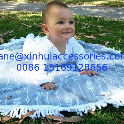 Cheaper price small MOQ custom printed children round beach towel baby beach towel with tassels supplier