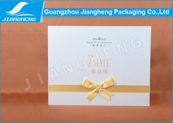 White Luxury Cosmetic Packaging Boxes , Texture Paper Silk Ribbon Gift Boxes