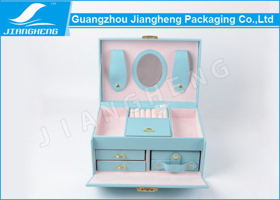 Caja de regalo del cuero del almacenamiento de la joyería de la moda con el espejo, color ligero del azul de cielo