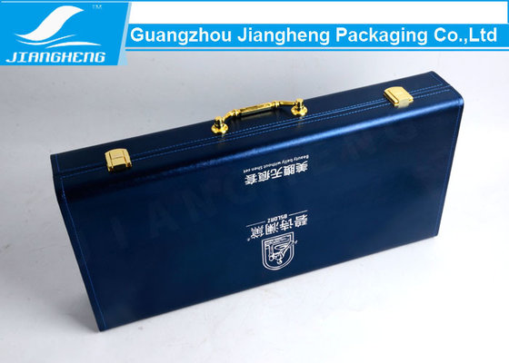 Durable Dark Blue PU Leather Packaging Box With Luxury Silvery Logo Stamping