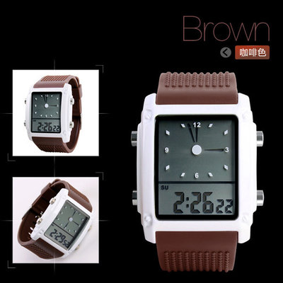 Double Time Zone Shine  LCD Analogue Watch ABS Plastic Case