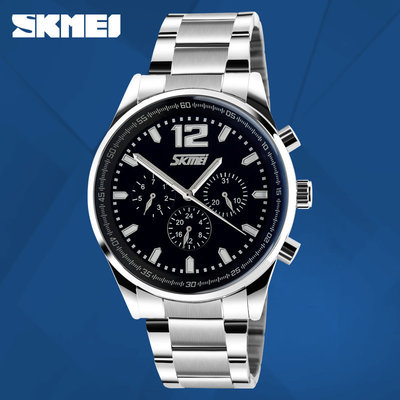 3 Chronos Working Analog Quartz Watches Black Face Stainless Steel Strong Strap