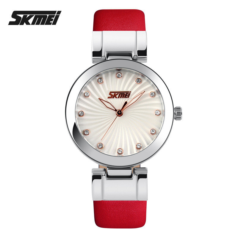Red Leather Womens Quartz Watches 30M Water Resistant With Diamond