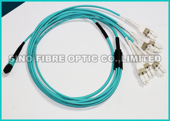 3.0MM MPO Fiber Optic Cable 12 core OM3 , Aqua MPO TO LC Cable Optical Fiber
