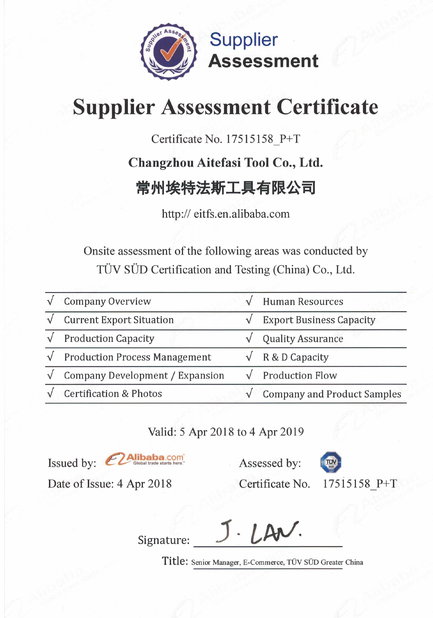 China changzhou Aitefasi Tools co; LTD certification